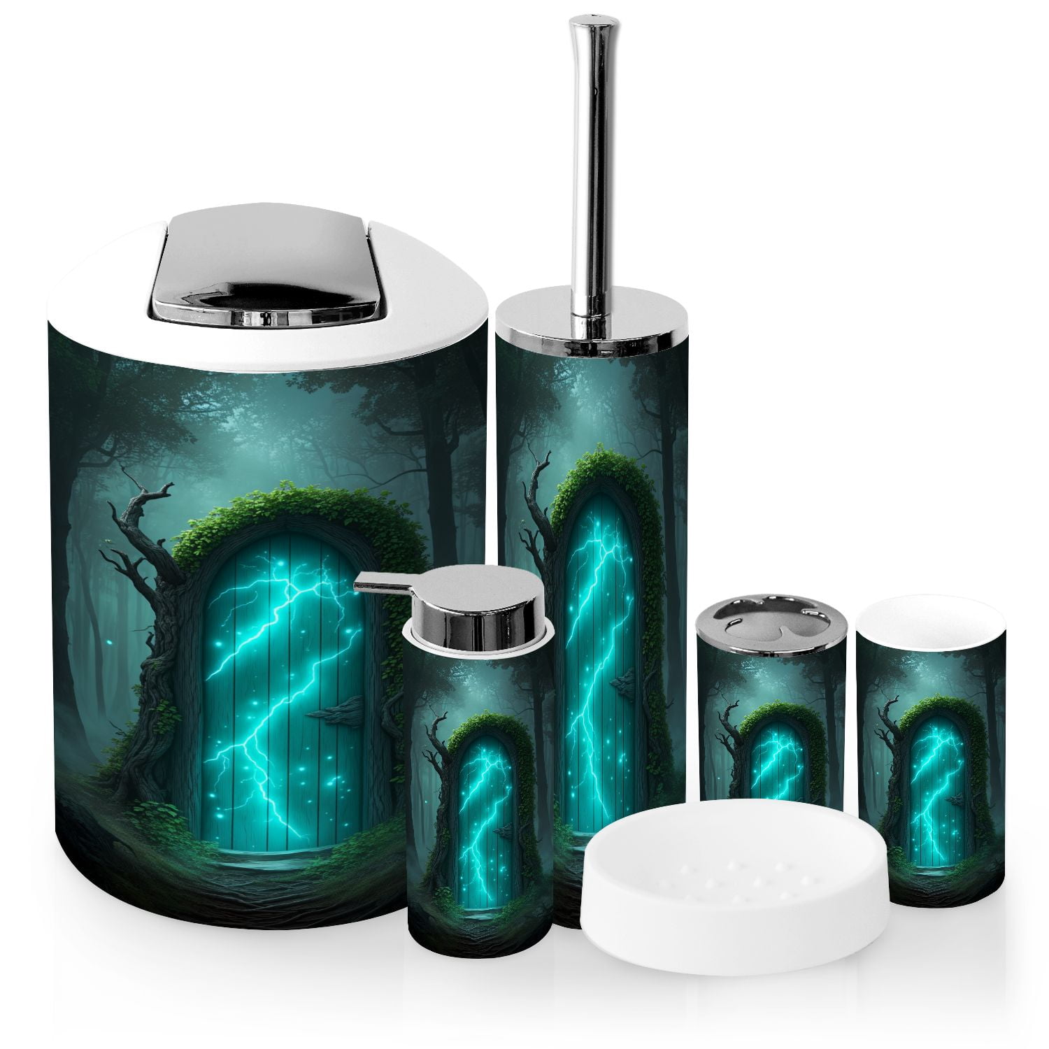 Bathroom Accessory Set 6 Piece with Glowing Magic Doors Misty Forest ...