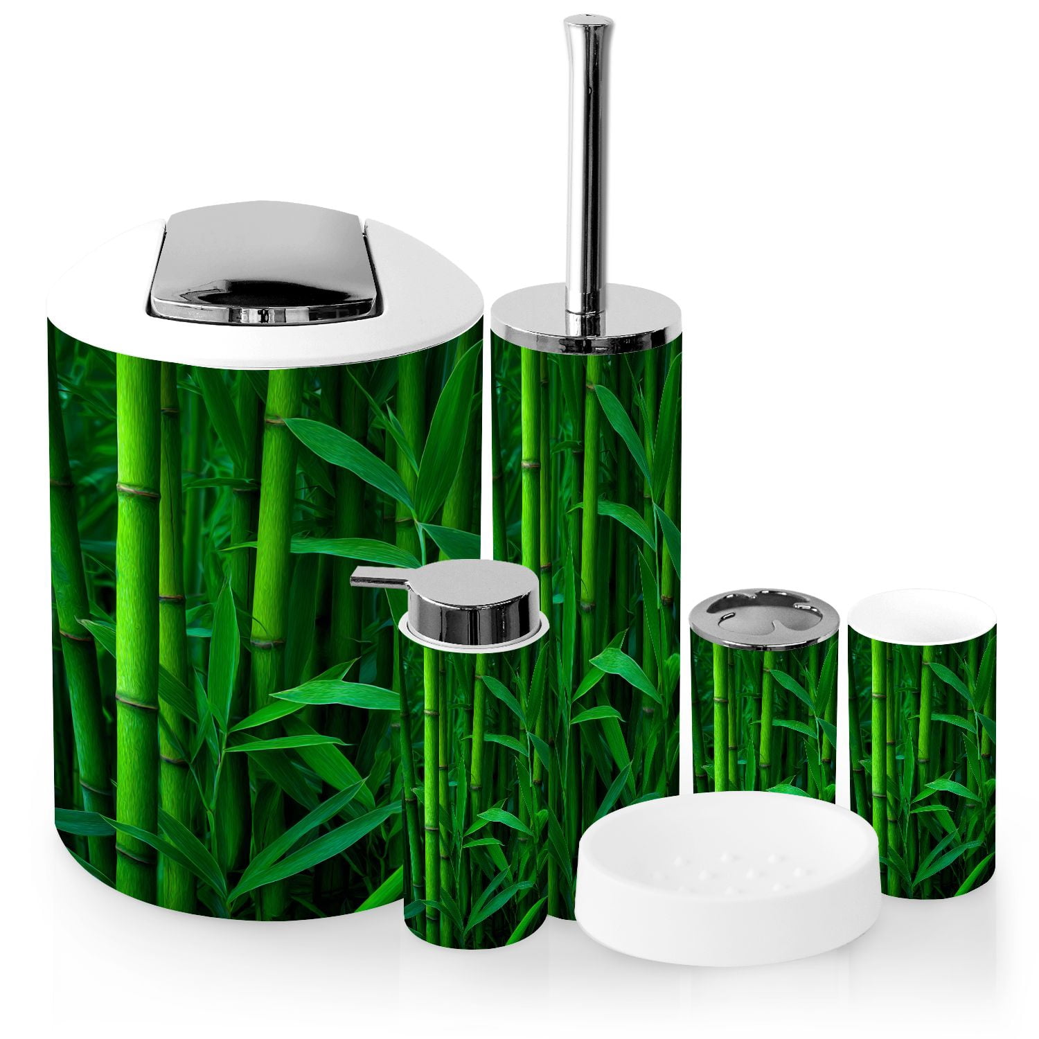 Bathroom Accessory Set 6 Piece with Green Asian Style Bamboo Plants ...