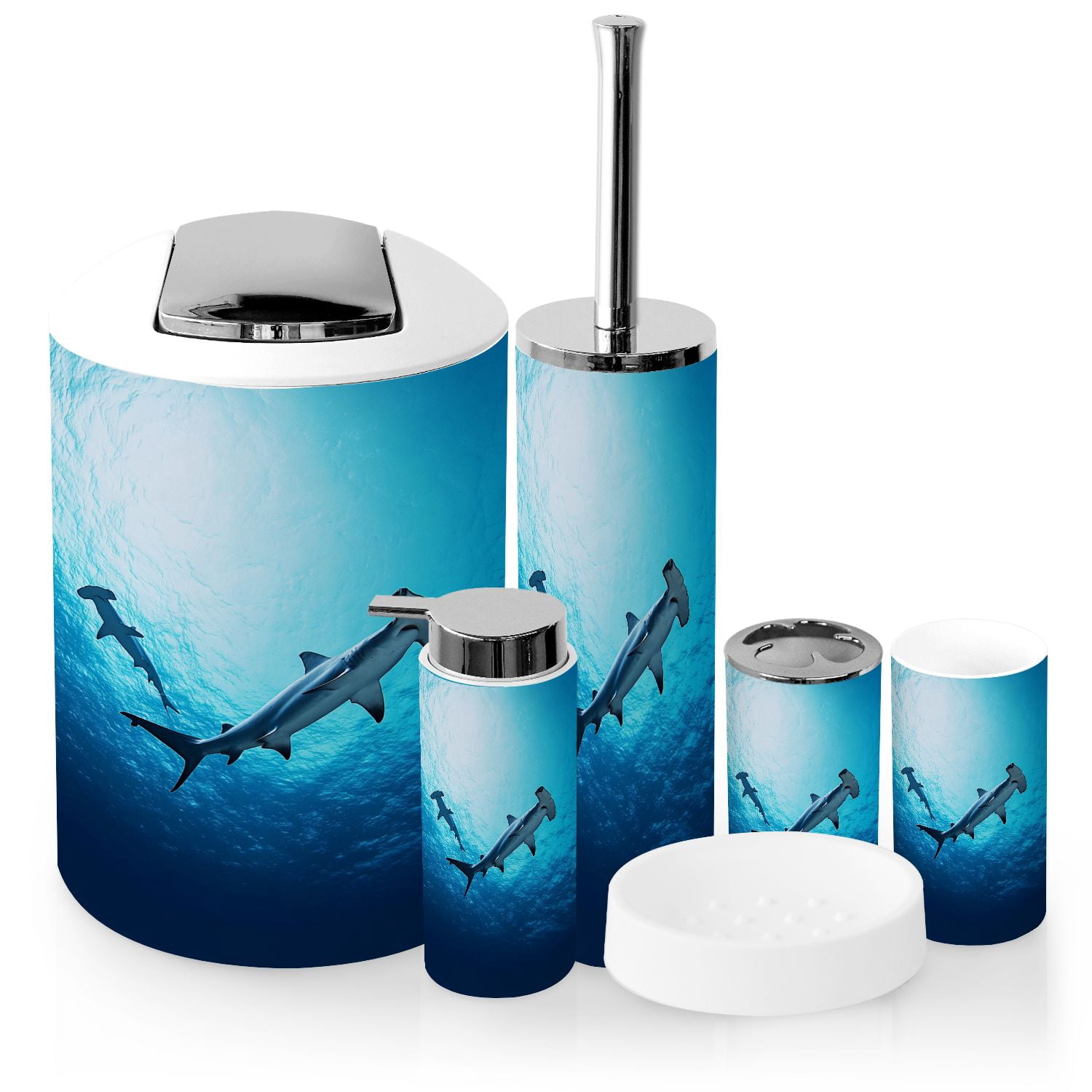 Bathroom Accessory Set 6 Piece with Hammerhead shark swimming tropical ...