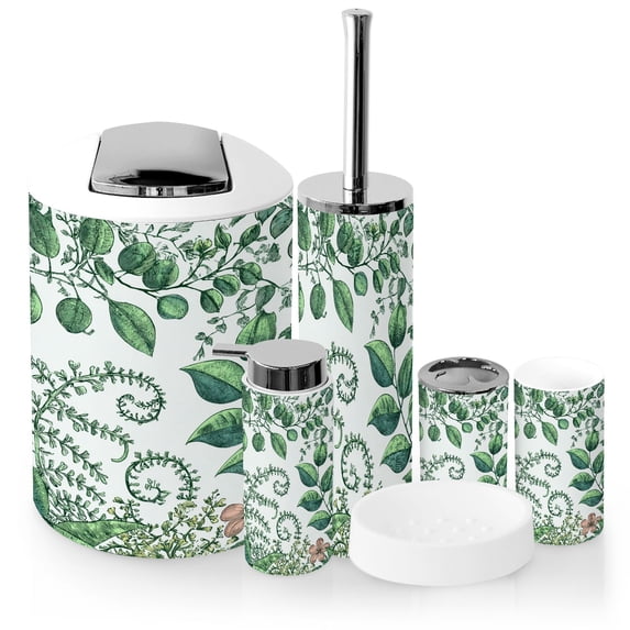 Bathroom Accessory Set 6 Piece with Hand drawn leaves eucalyptus fern ...