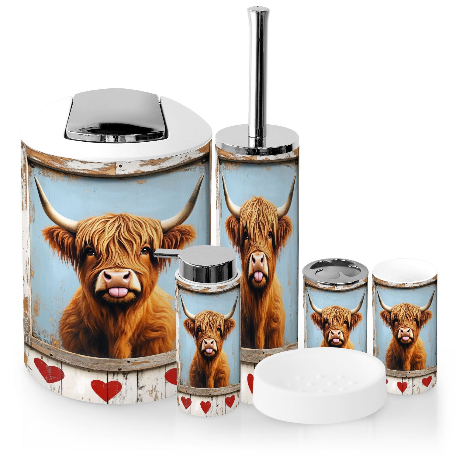 Bathroom Accessory Set 6 Piece with Highland Cow Rustic Funny Cow Brown ...