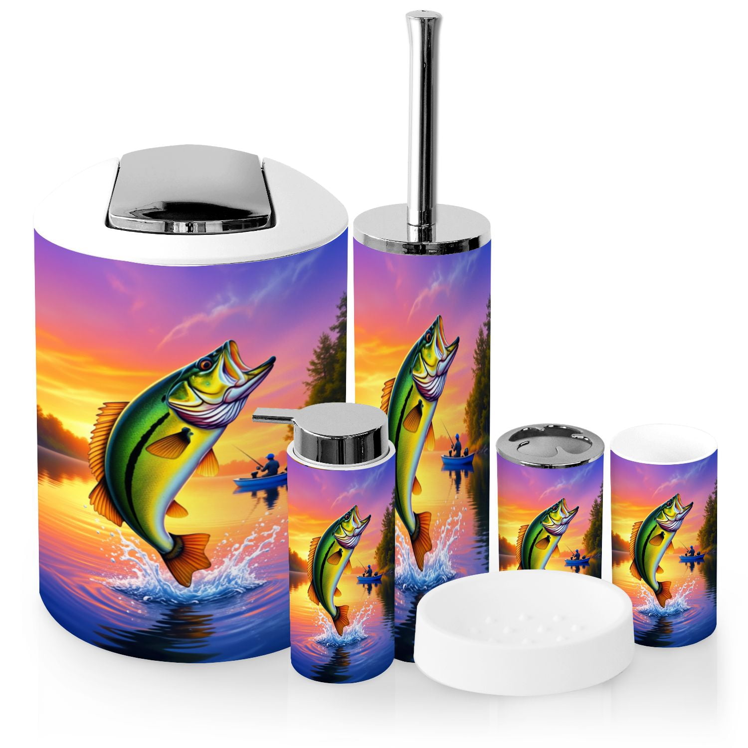 Bathroom Accessory Set 6 Piece with Jumping Bass Fish Scenic Sunset ...