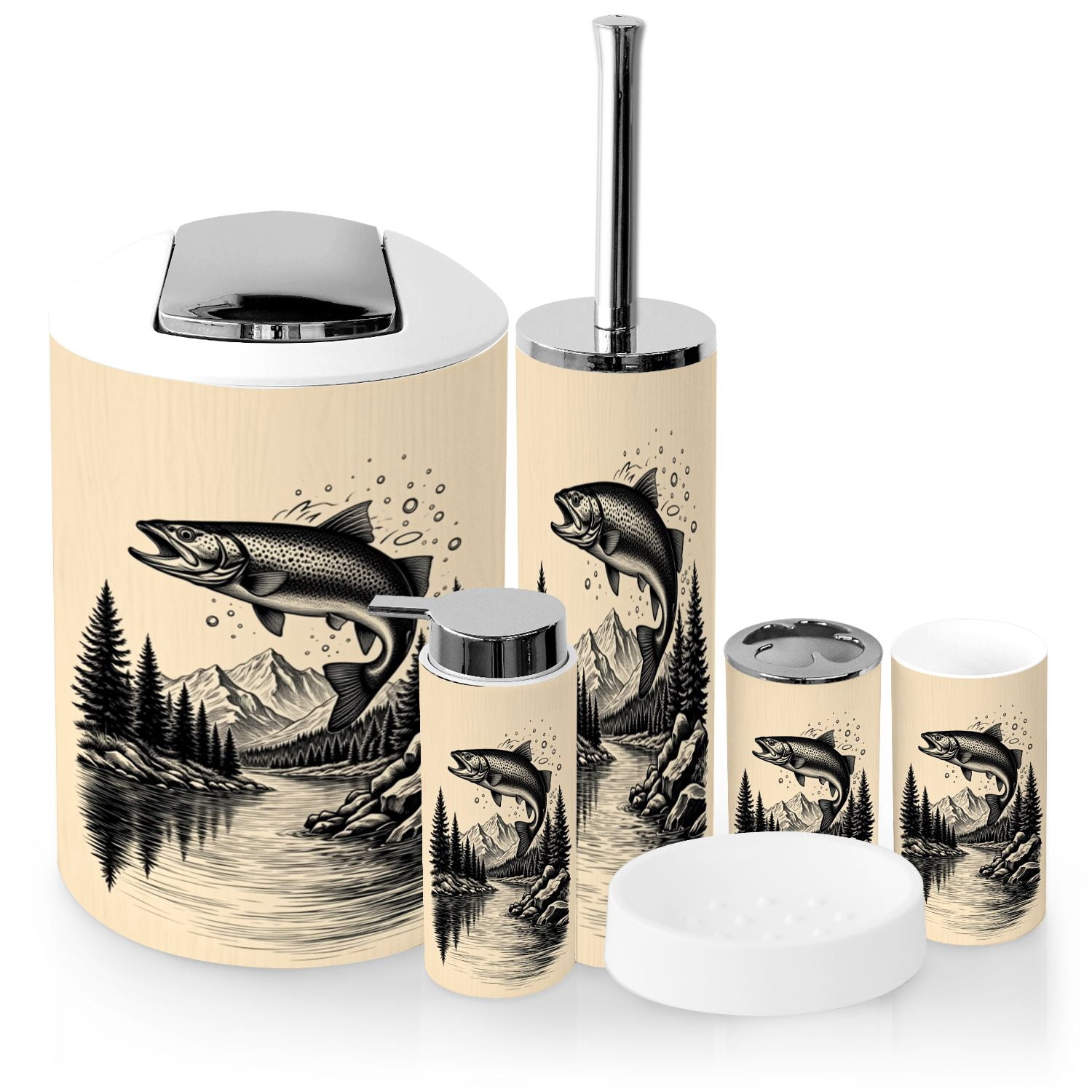 Bathroom Accessory Set 6 Piece with Leaping Trout Fish Mountain Scenery ...