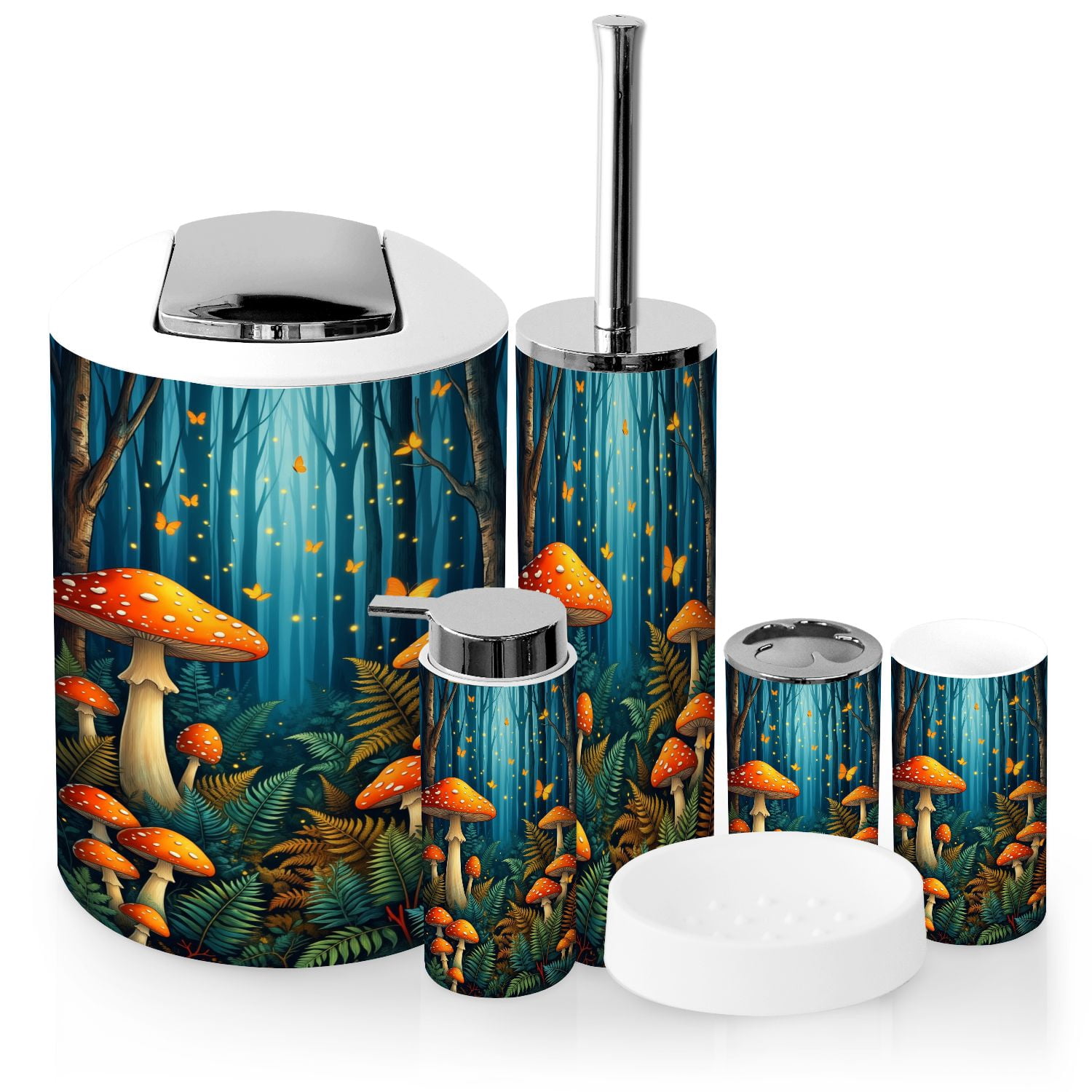 Bathroom Accessory Set 6 Piece with Magical Forest Vibrant Red ...