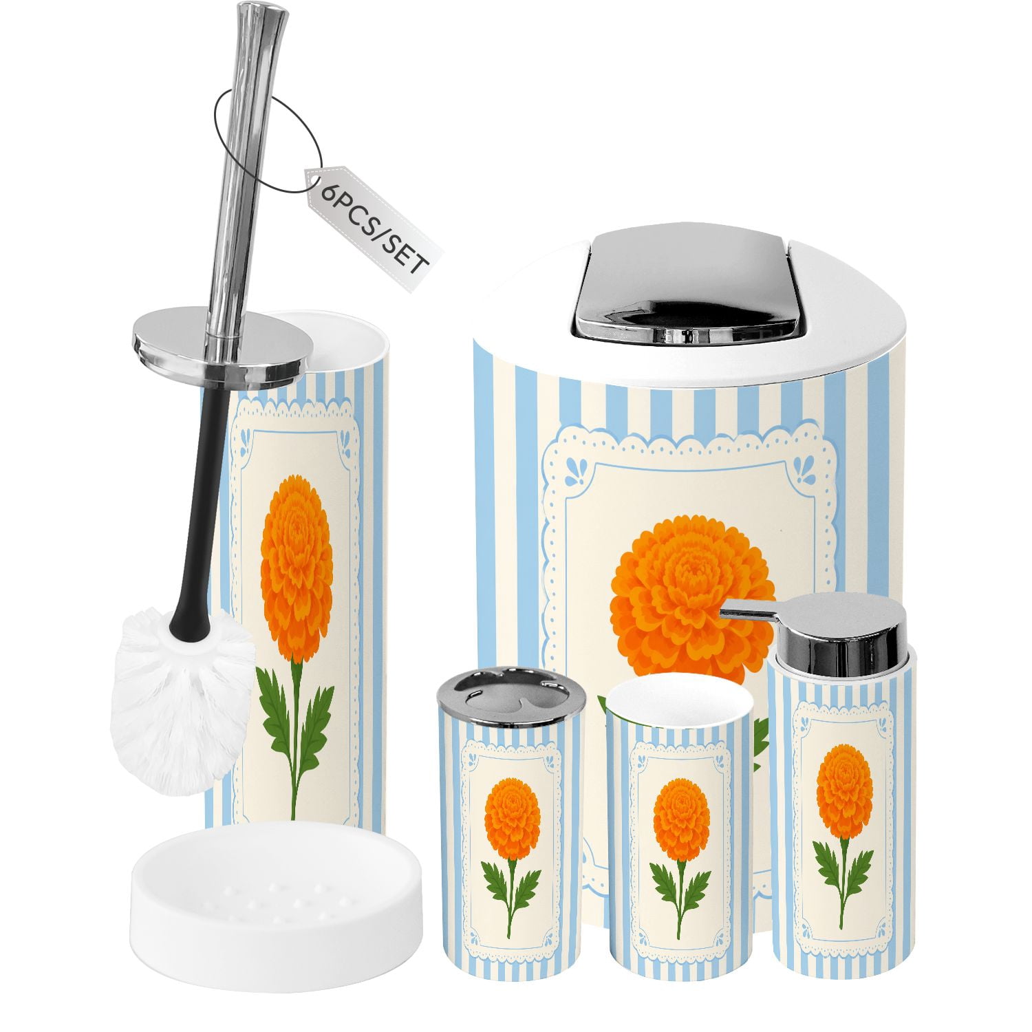 Bathroom Accessory Set 6 Piece Orange Marigold Flower Botanical Blue ...