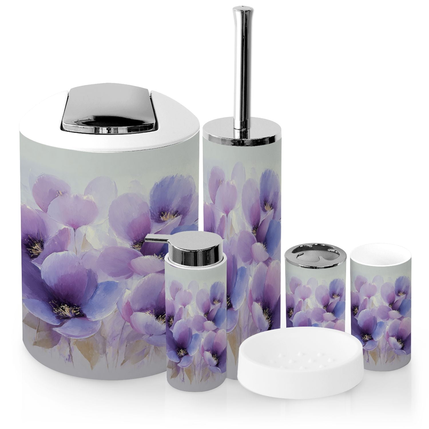 Bathroom Accessory Set 6 Piece with Purple Floral Modern Painting ...