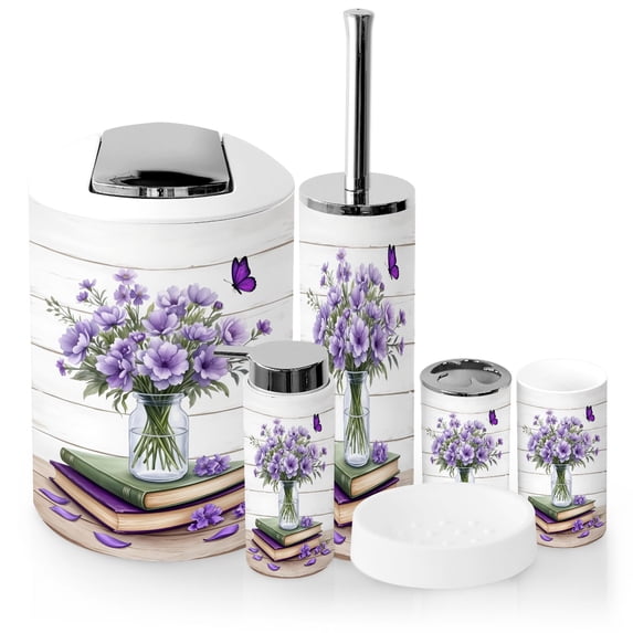 Bathroom Accessory Set 6 Piece with Purple Flower Butterfly Floral ...
