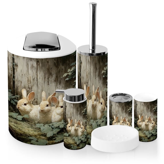 Bathroom Accessory Set 6 Piece with Rabbit Art Three Rabbits Vintage ...