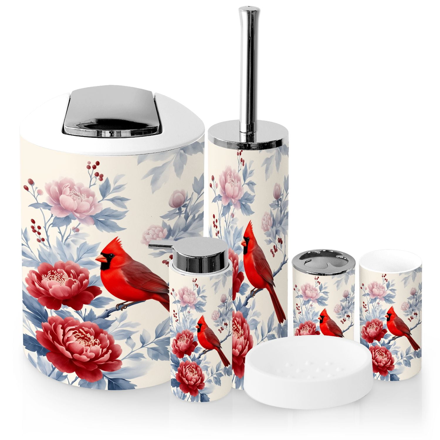 Bathroom Accessory Set 6 Piece with Red Cardinal Bird Branch Peony ...