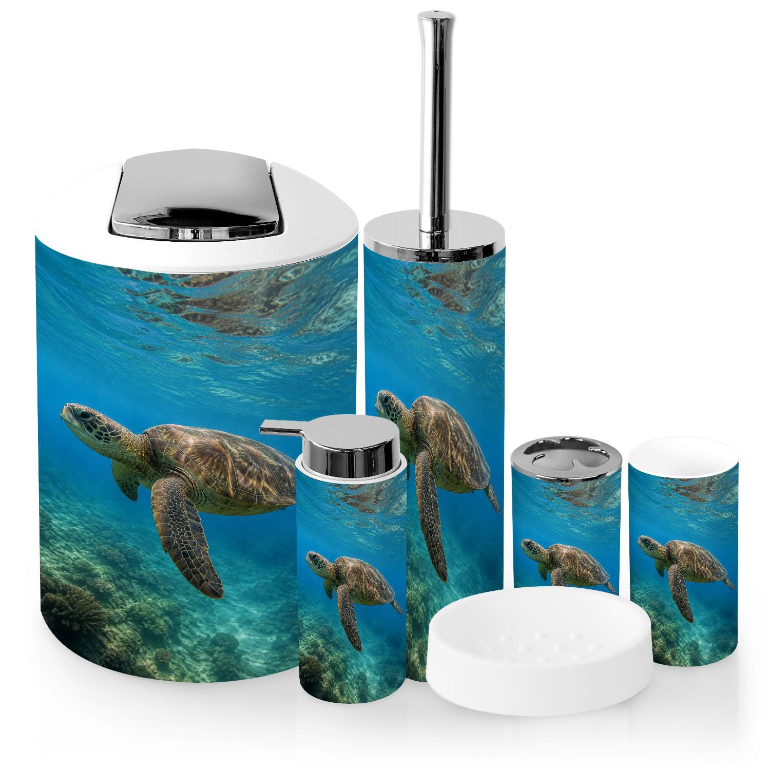 Bathroom Accessory Set 6 Piece with Sea Turtle Marine Life Coastal ...