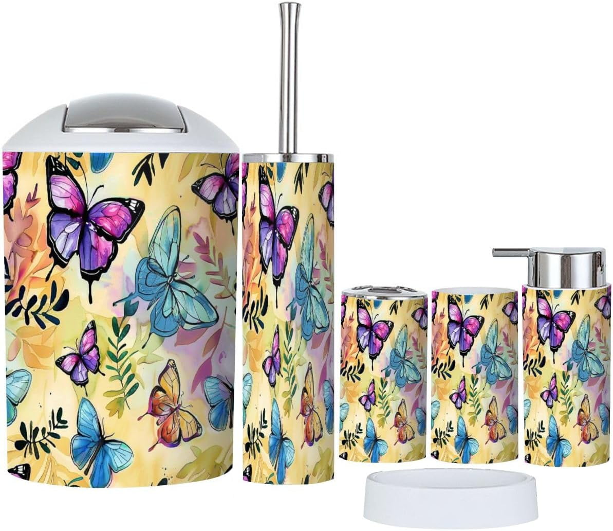 Bathroom Accessory Set 6 Piece Seamless Purple Butterflies Drawn ...