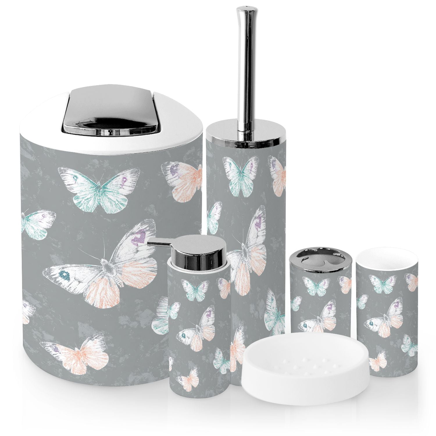 Bathroom Accessory Set 6 Piece with Seamless white butterflies ...