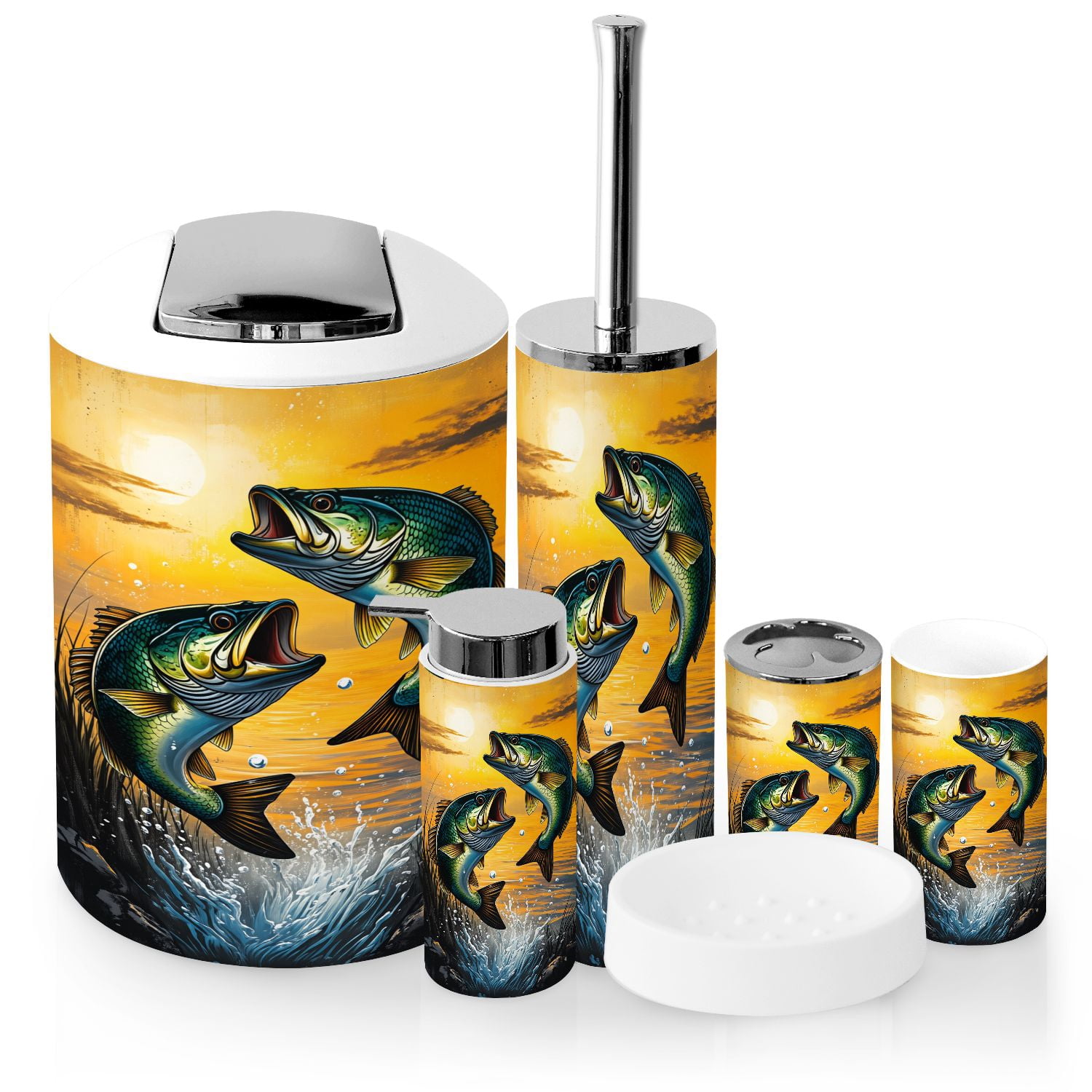 Bathroom Accessory Set 6 Piece with Two Bass Fish Leaping Out Water ...