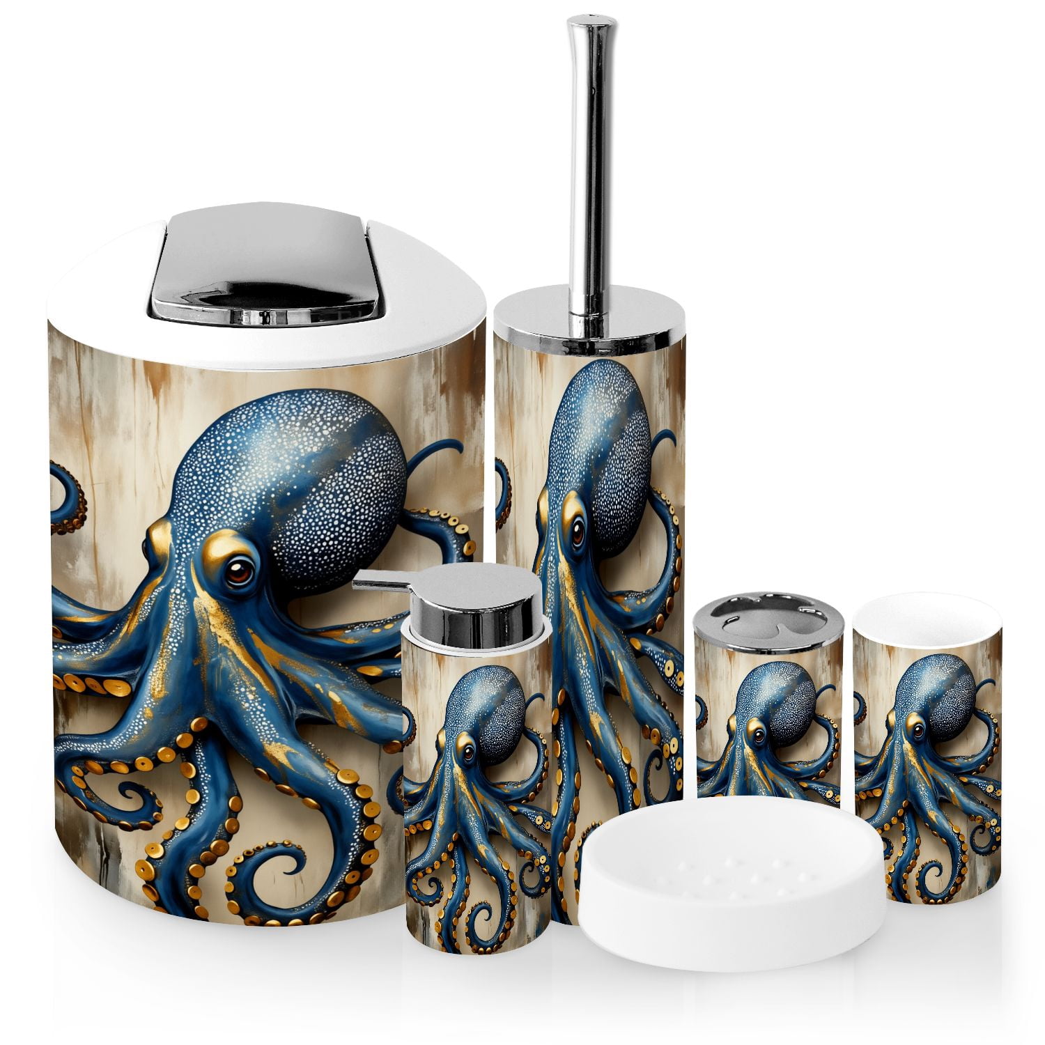 Bathroom Accessory Set 6 Piece with Vibrant Blue Octopus Accents ...