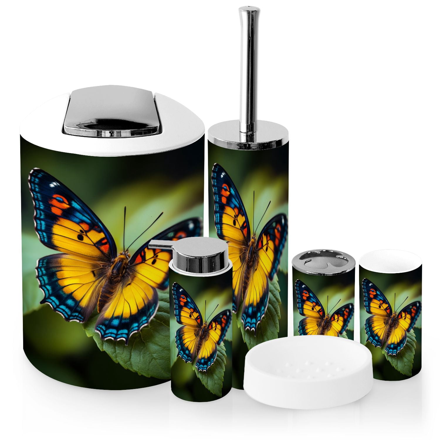 Bathroom Accessory Set 6 Piece with Vibrant Yellow Blue Butterfly Red ...