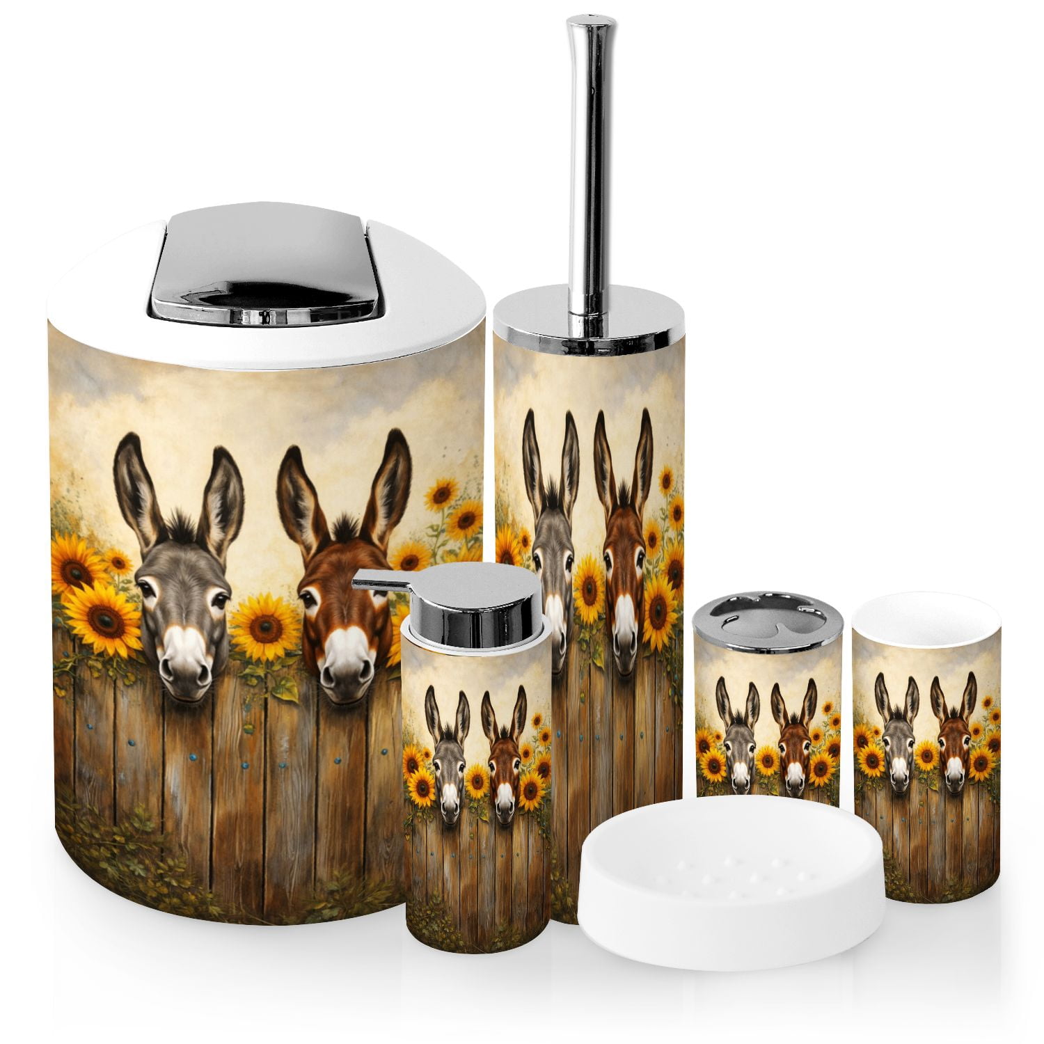 Bathroom Accessory Set 6 Piece with Whimsical Donkeys Peeking Wooden ...