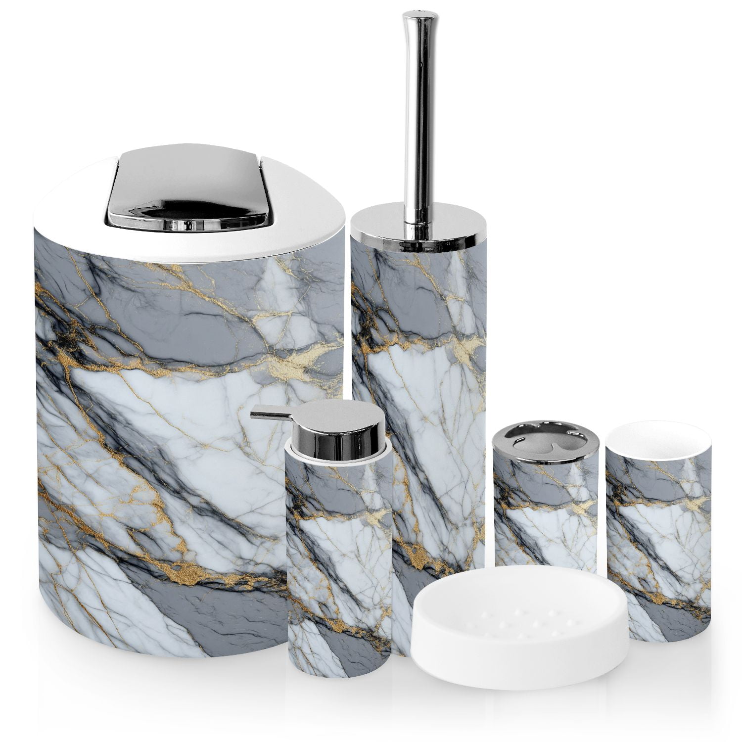 Bathroom Accessory Set 6 Piece with White marble golden veins White ...
