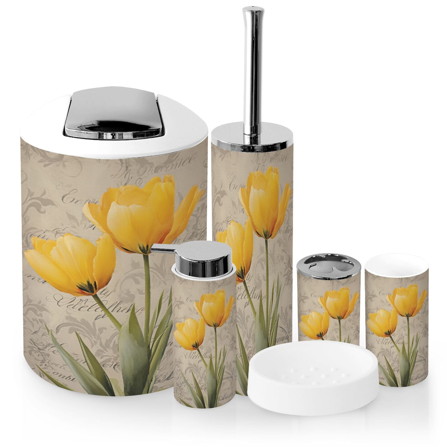 Bathroom Accessory Set 6 Piece with Yellow Bathroom Decor Gray Flowers ...