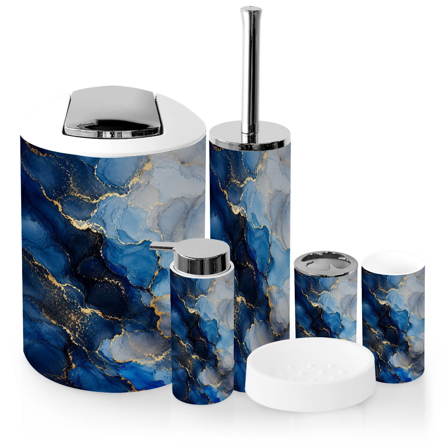 Bathroom Accessory Set 6 Piece with abstract white blue marble golden ...
