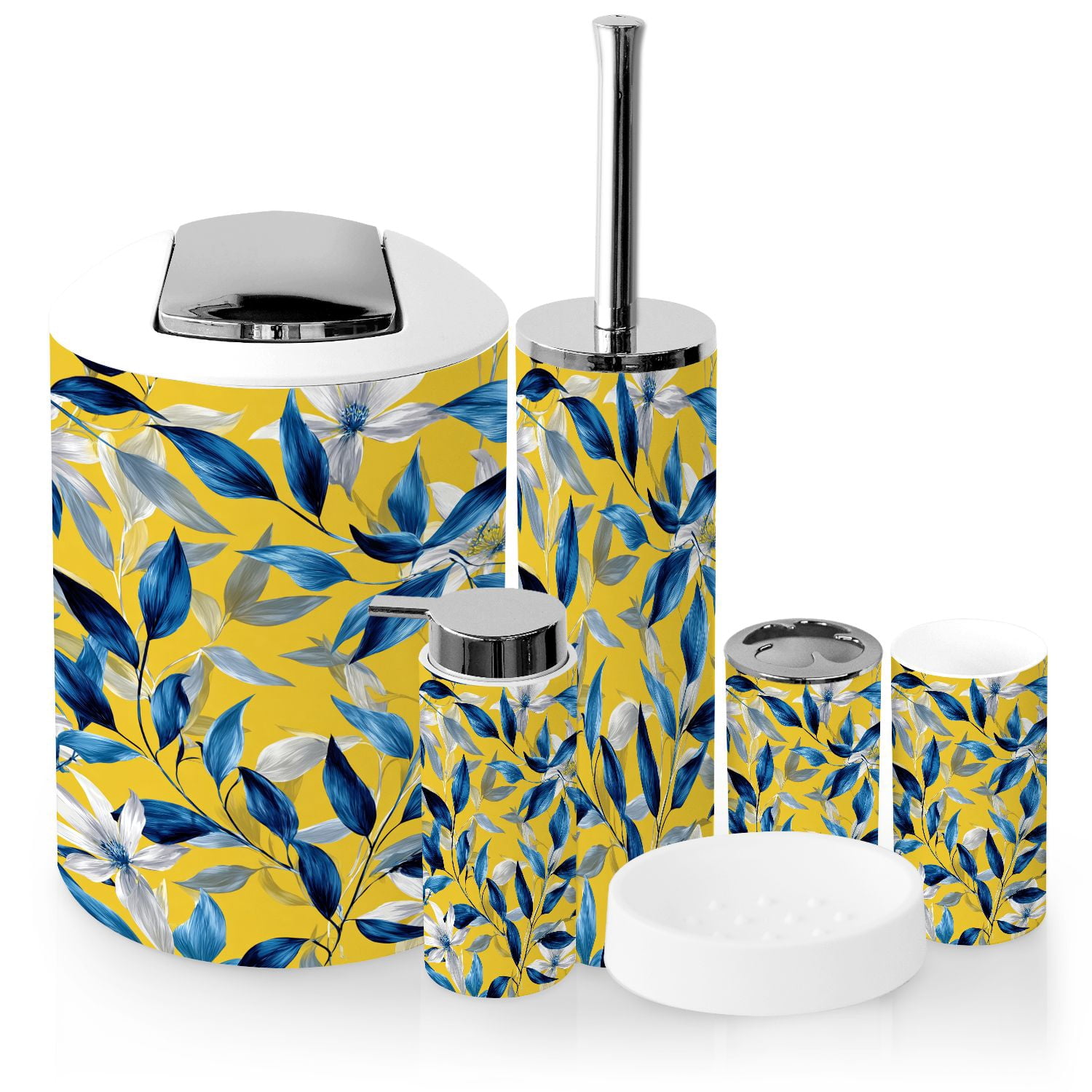 Bathroom Accessory Set 6 Piece with blue grey seamless leaf yellow ...