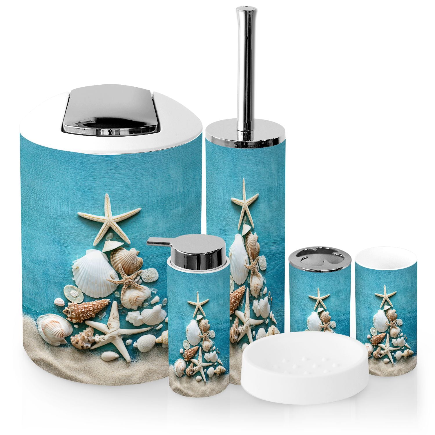 Bathroom Accessory Set 6 Piece with sea shells starfish wooden blue ...