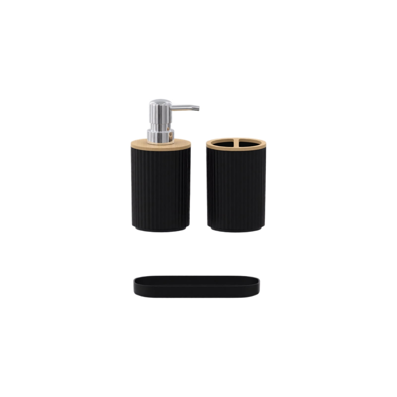 Bathroom Accessory Set, Black Ribbed with Bamboo Trim, 3 Pieces ...