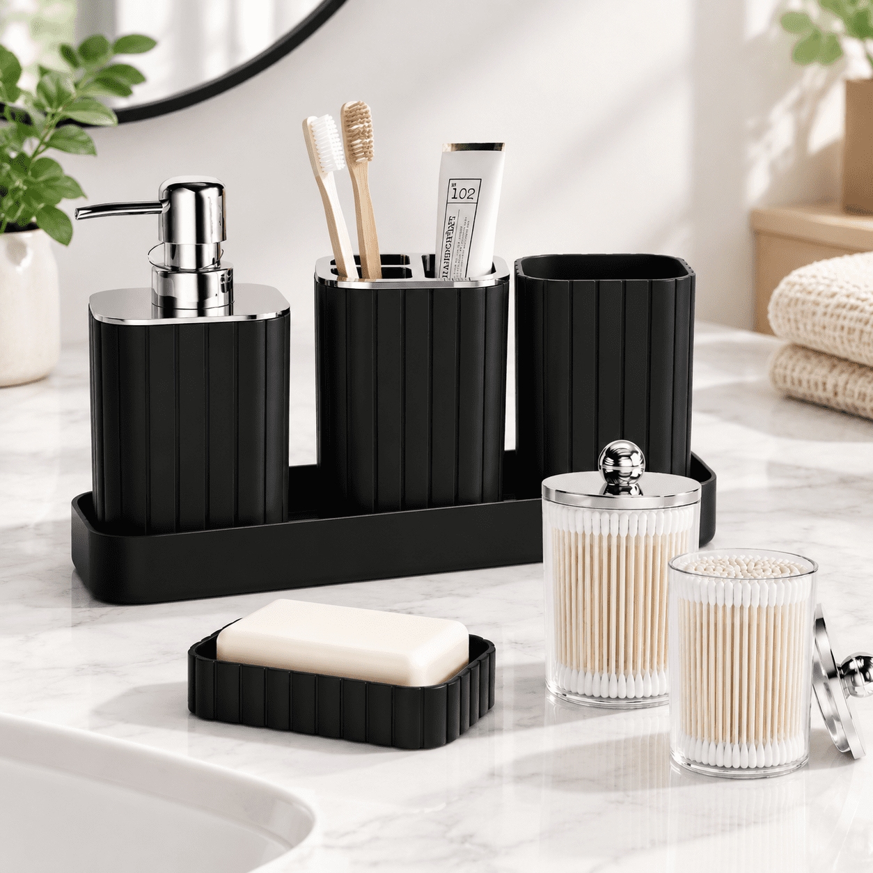 Bathroom Accessory Set - Gorgeo 7pc Black Accessories Soap Dispenser ...