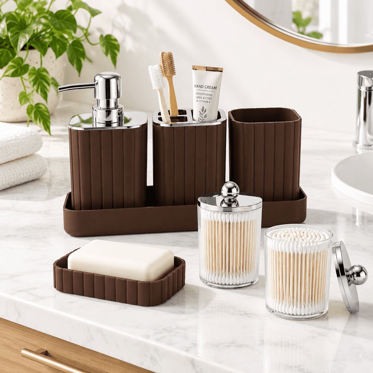 Bathroom Accessory Set - Gorgeo 7pc Brown Accessories Soap Dispenser ...
