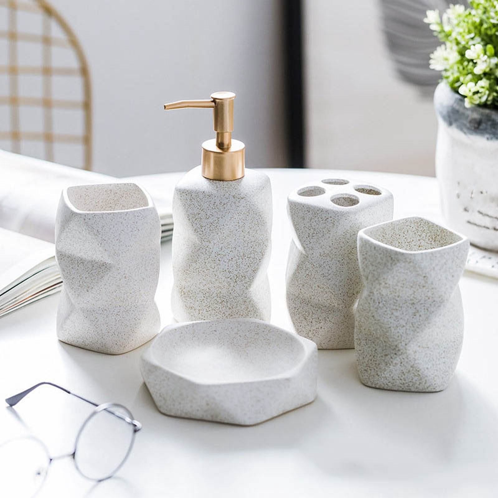 Bathroom Accessory Set, Smooth Glazed Ceramic 5 Piece Toiletry Kit ...
