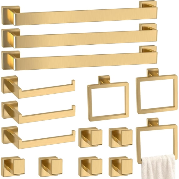 Bathroom Accessory Towel Bar Set: 15 Pieces Gold Square Bathroom ...