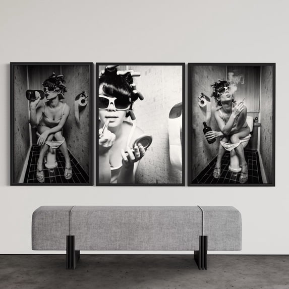 Bathroom Art Posters, Women in Bathroomset Printed Poster, Stretched ...