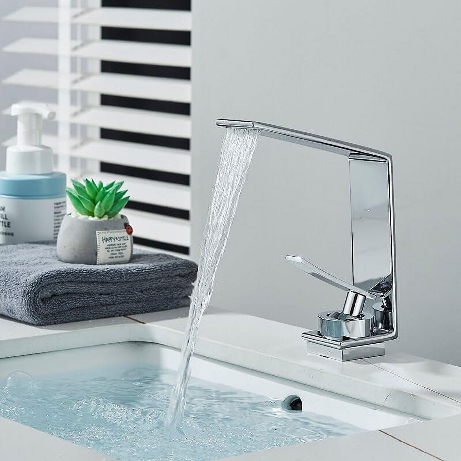 Bathroom Basin Faucet Waterfall Spout Tap Bend Design Deck Mount Single ...