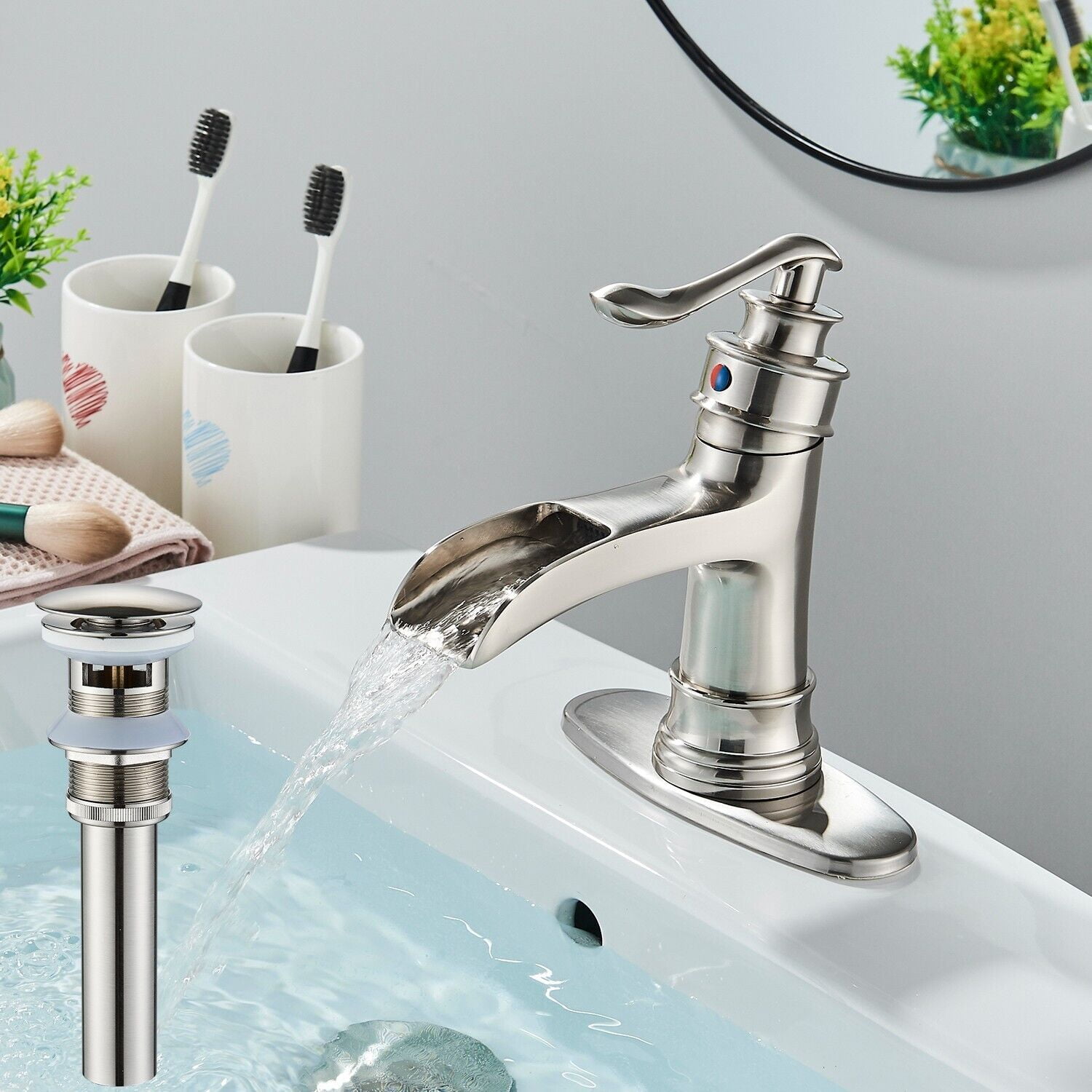 Bathroom Basin Sink Faucet Brushed Nickel Brass Waterfall 6'' Circular ...