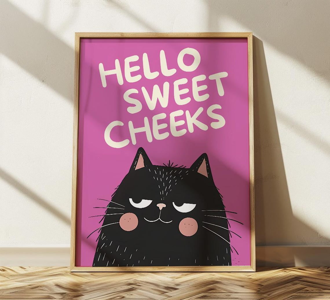 Bathroom Black Cat Hello Sweet Cheeks Print For Toilet Wall Art Print ...