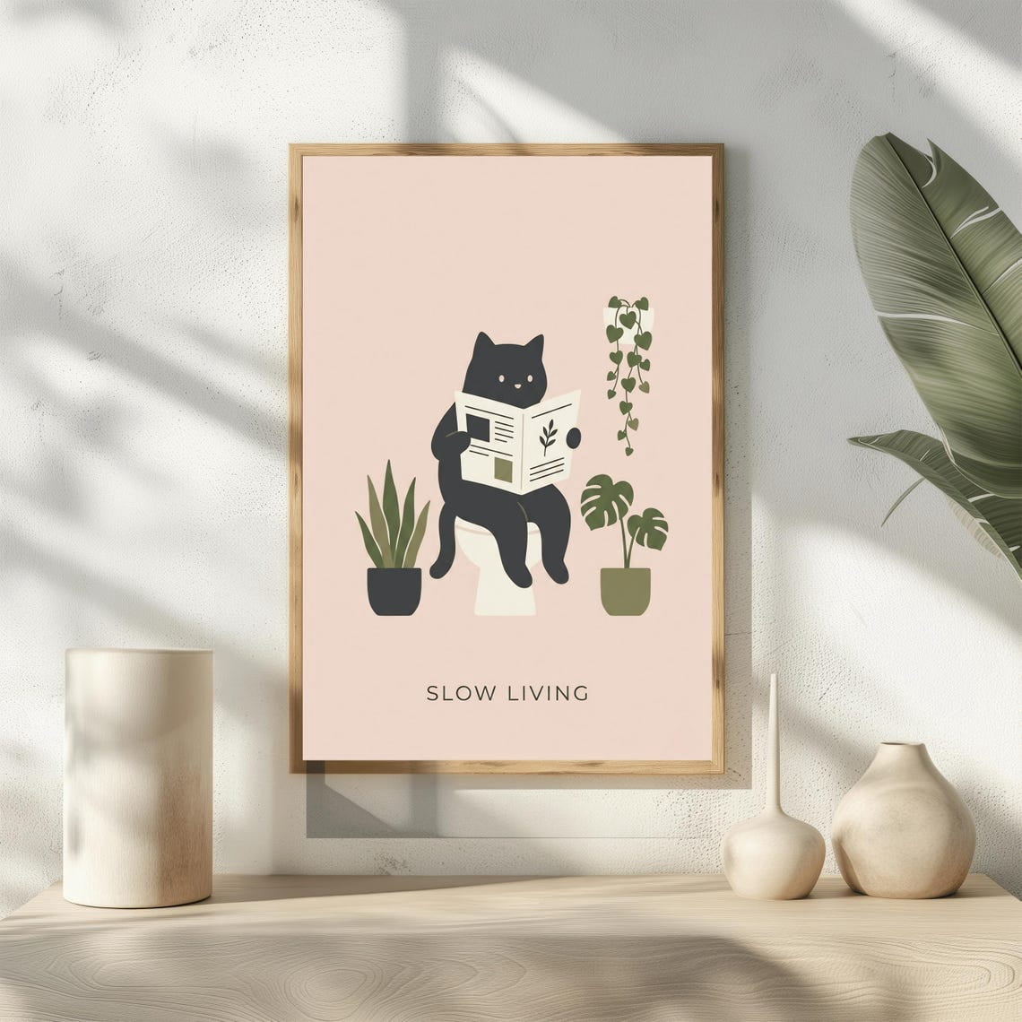 Bathroom Black Cat On Toilet Botanical Art Slow Living, Unframed Poster ...