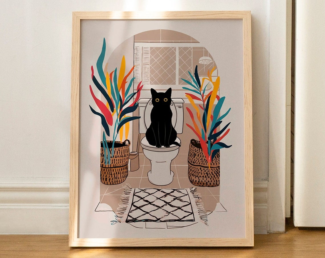 Bathroom Boho Cat Print Funny Poster Wall Decor Pooping Print Toilet ...