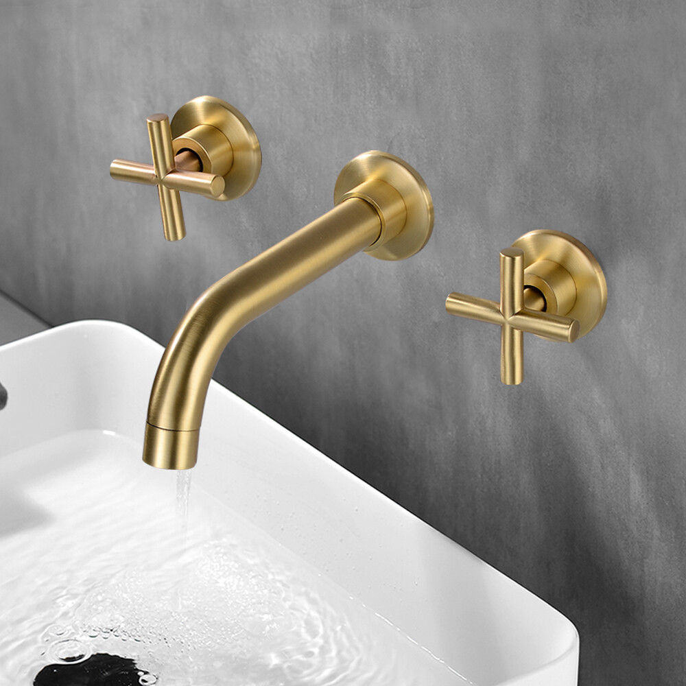Bathroom Brass Faucet Sink Tub Wall Mounted 3-Hole Dual Handle Mixer ...