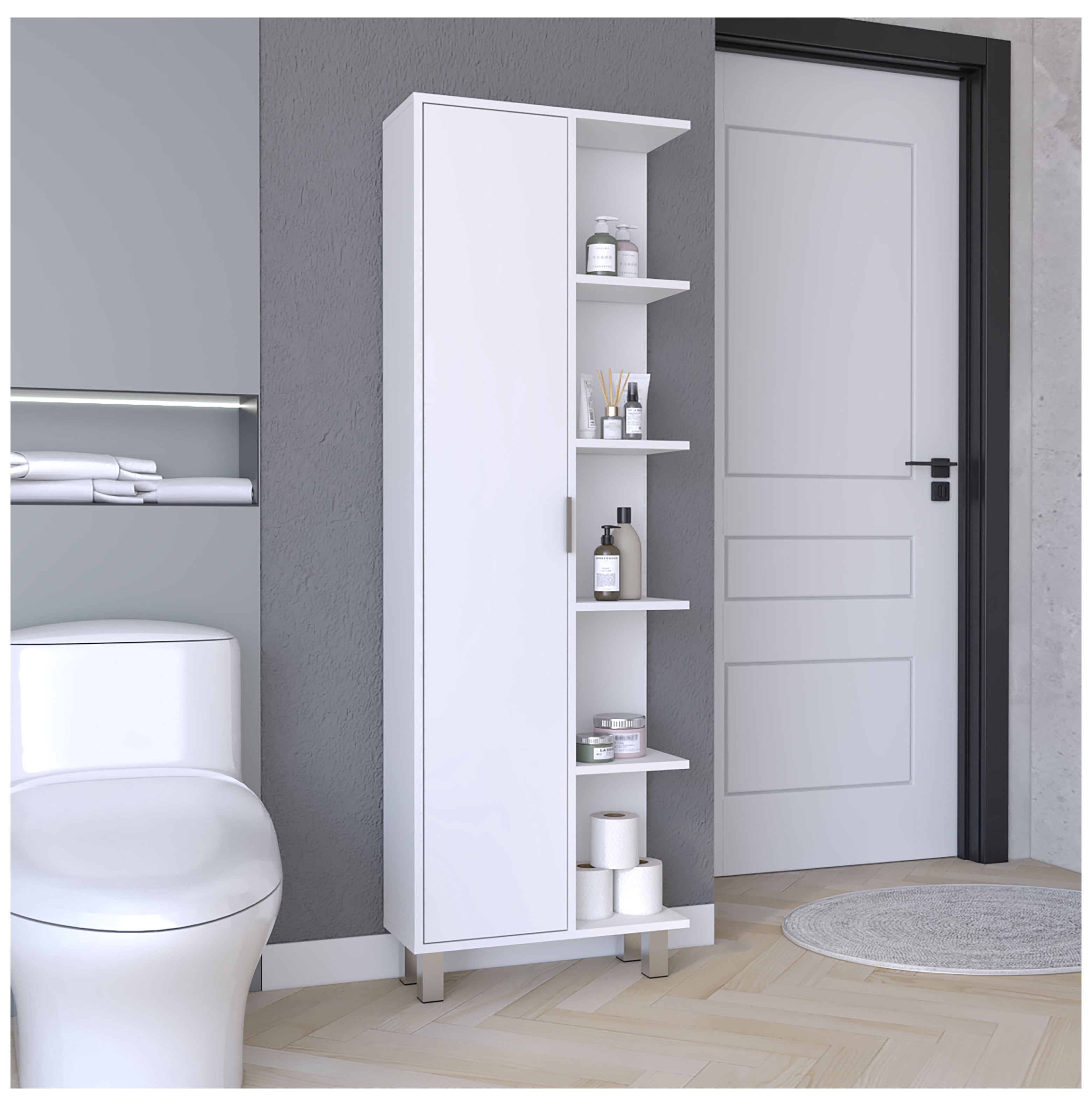 Bathroom Cabinet, 63" High Linen Tower, 4 Open Shelves, White Storage ...