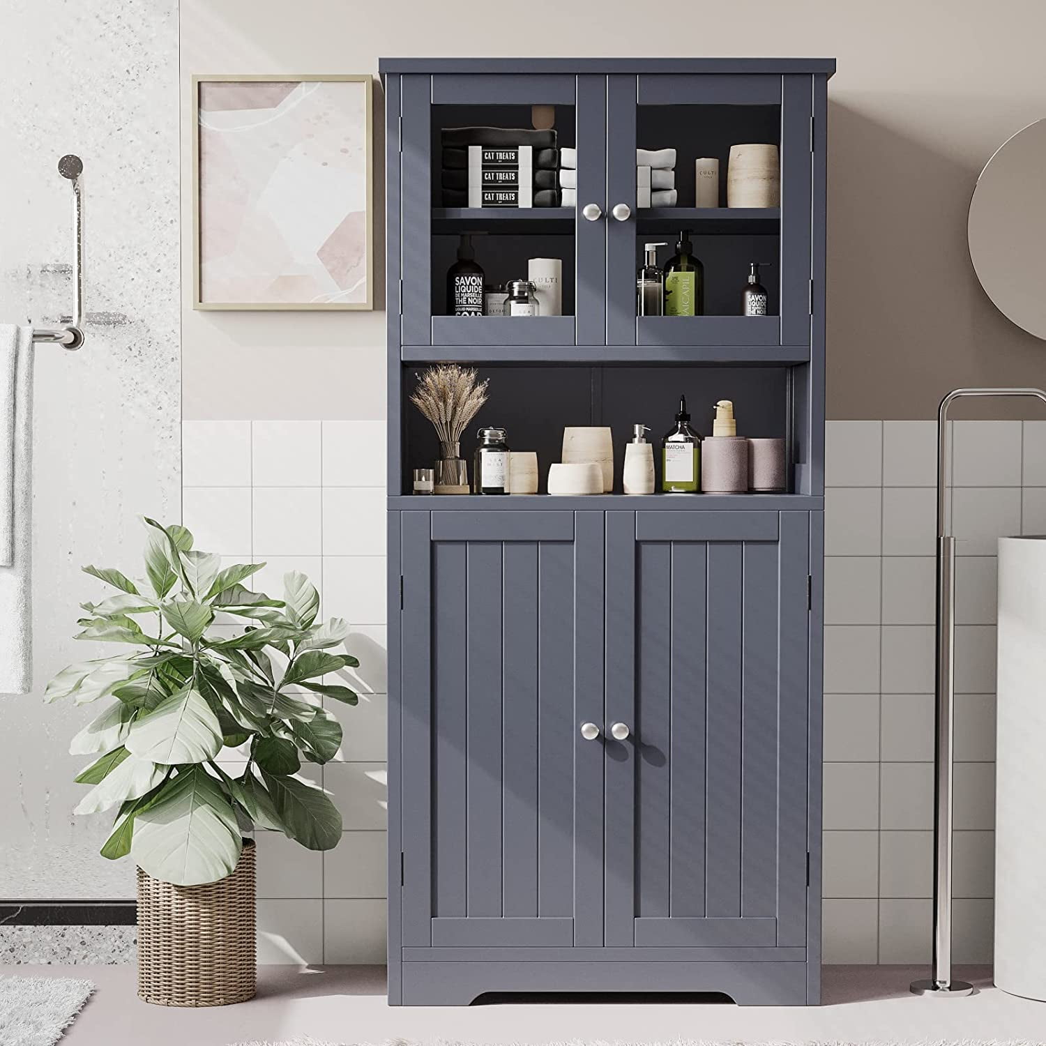Bathroom Cabinet, Bathroom Floor Storage with Open Shelf & Doors ...