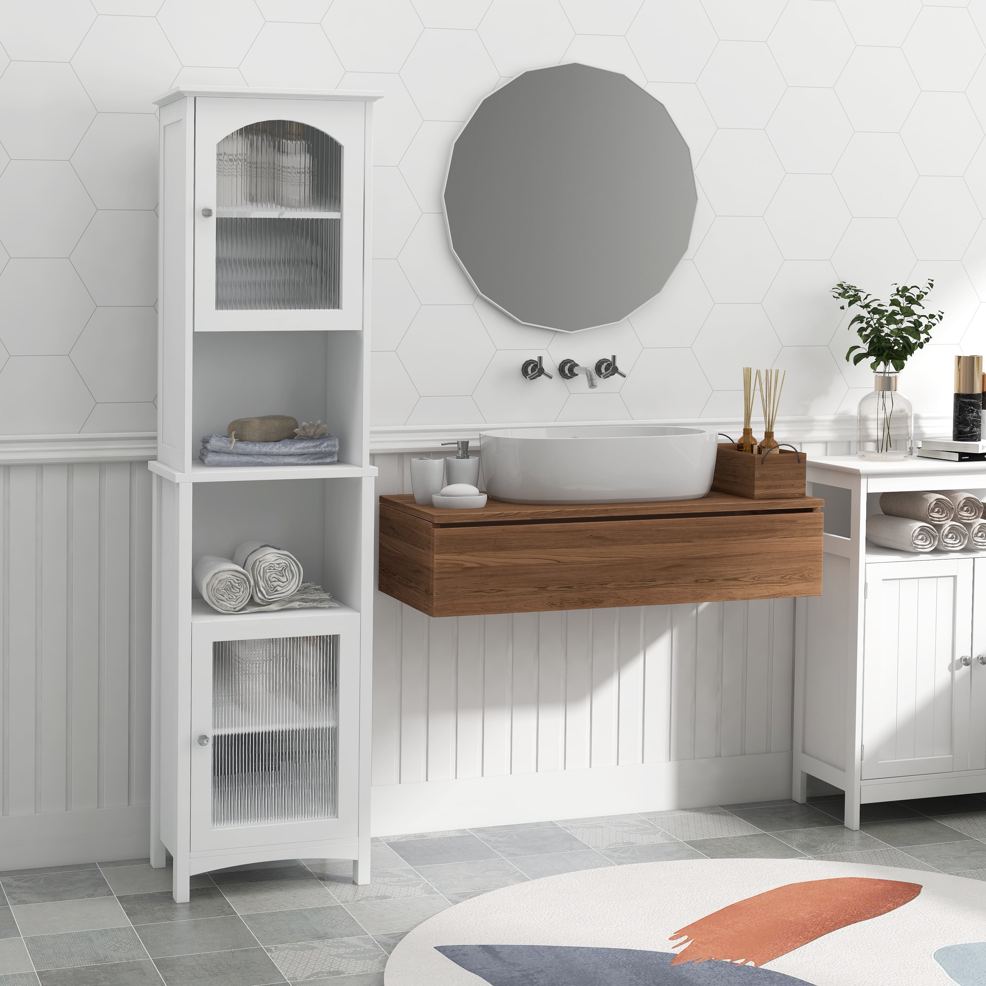 Bathroom Cabinet MDF Storage Chest With Glass Doors Adequate Storage ...
