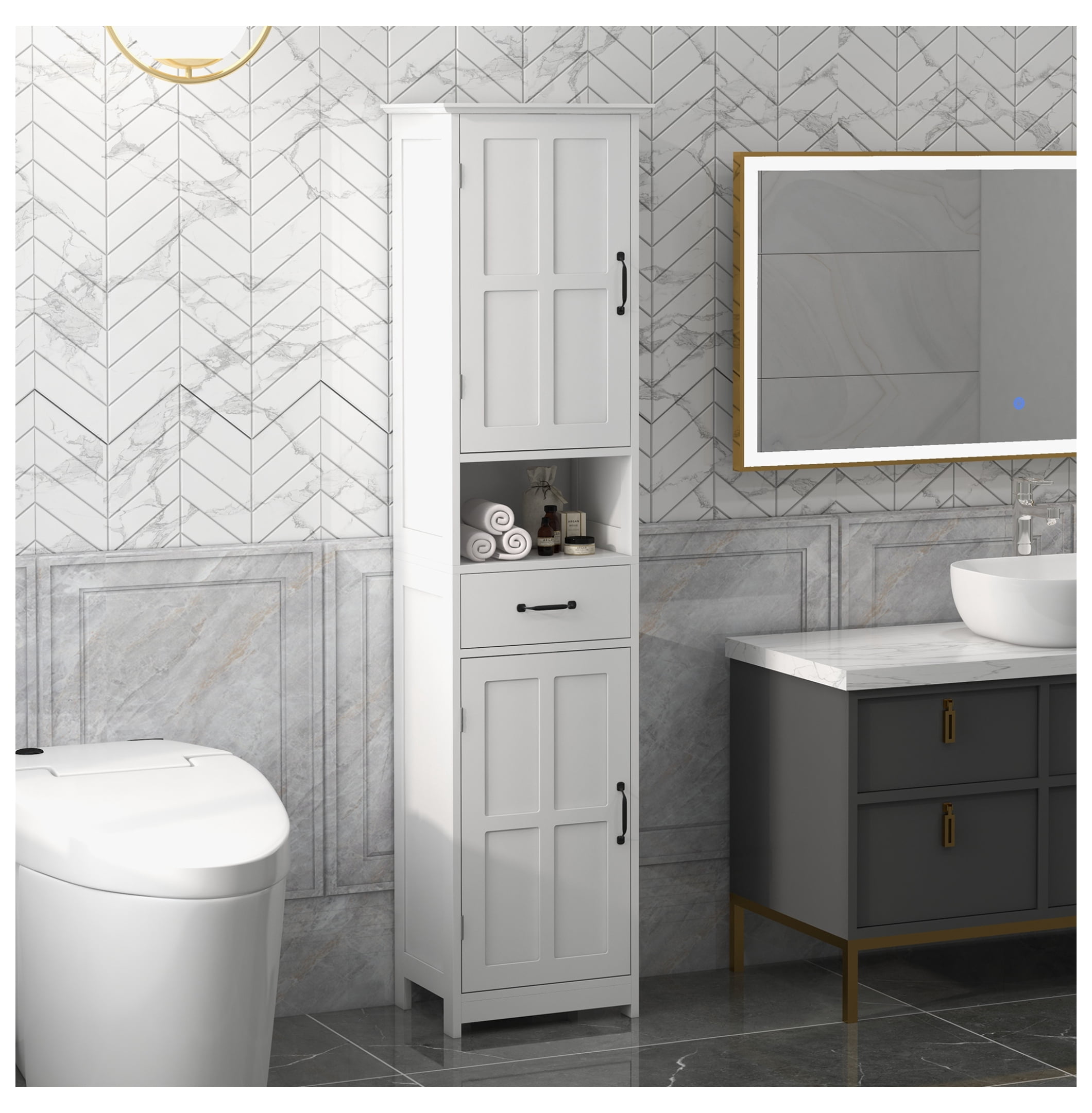 Bathroom Cabinet Narrow, White Linen Tower with Open Shelf & Drawers ...