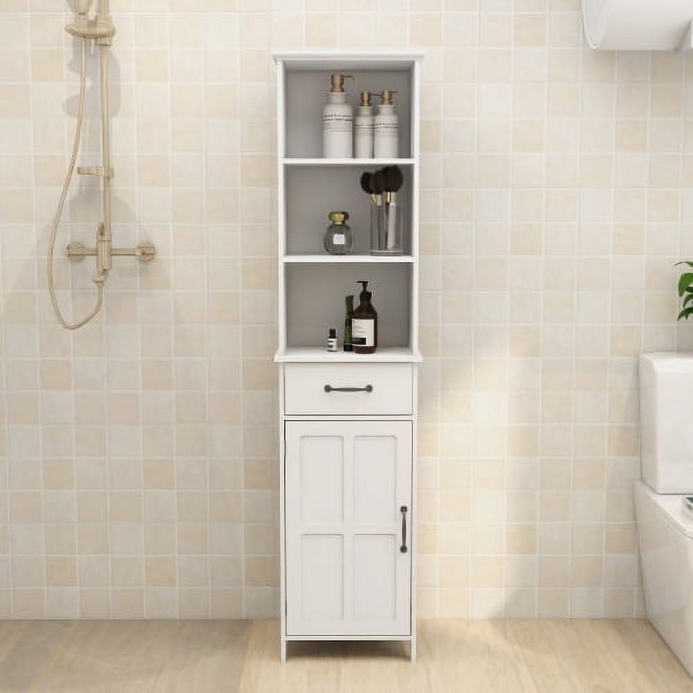 White Bathroom Cabinet with 2 Doors, 1 Drawer, Adjustable Shelves, Slim ...