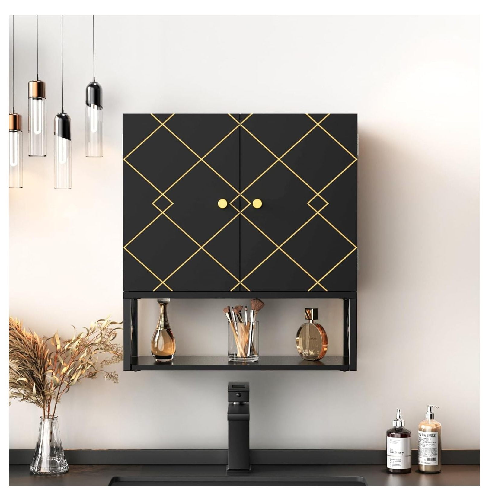 Bathroom Cabinet Wall Mount with Golden Trim, Wood Bathroom Medicine ...