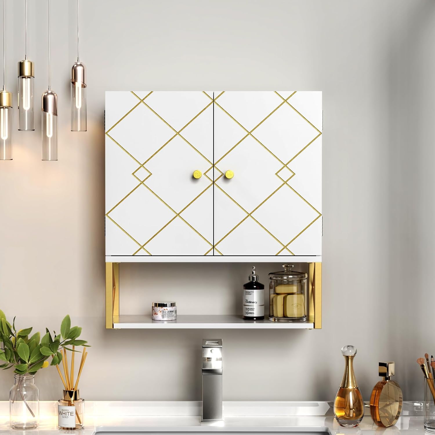 Bathroom Cabinet Wall Mount with Golden Trim, Wood Bathroom Medicine ...