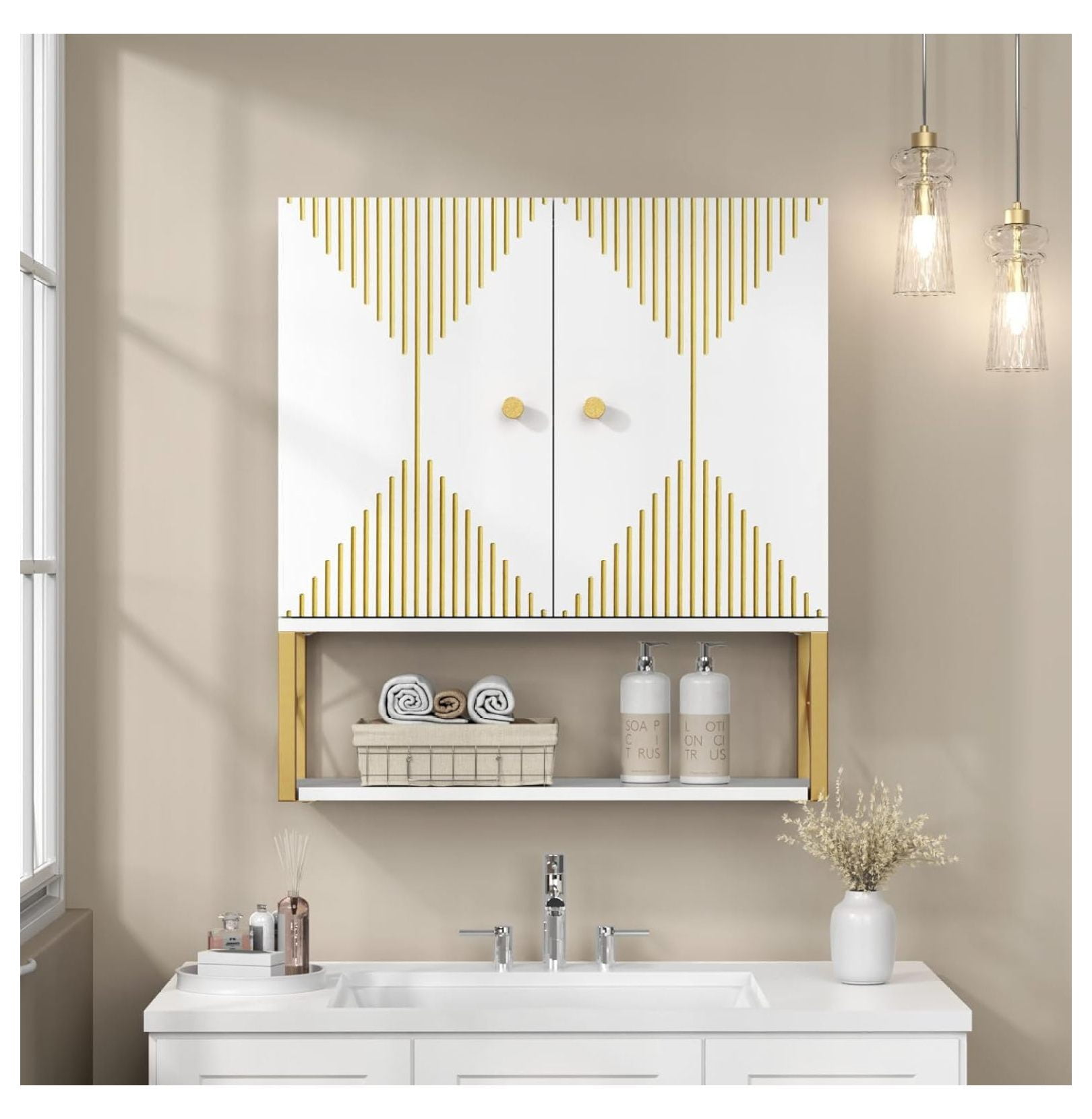 Bathroom Cabinet Wall Mount with Golden Trim, Wood Bathroom Medicine ...