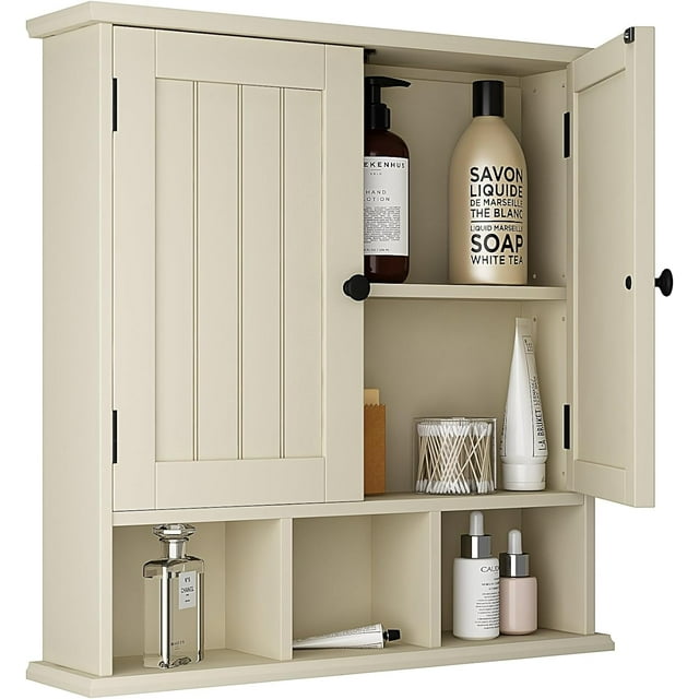 Bathroom Cabinet Wall Mounted 2-Door with 3 Open Shelves， Wooden ...