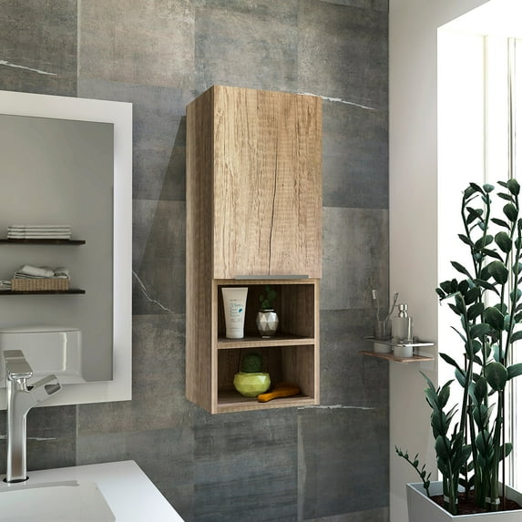 Bathroom Cabinet with 4 Shelves, 1 Door, Wall Mounted, Light Oak Finish ...