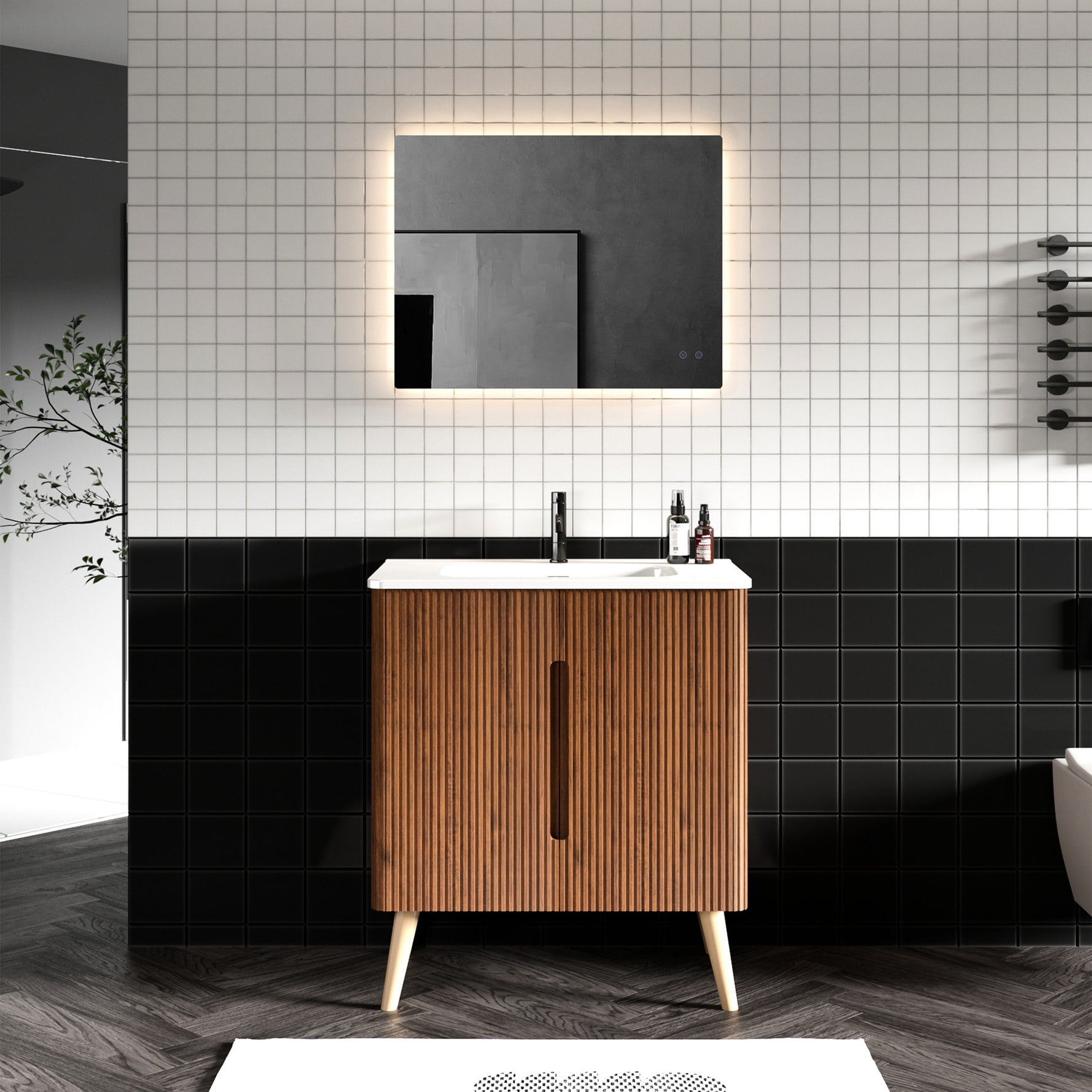 Bathroom Cabinet with Sink / White+Walnut Color, Modern Handleless ...