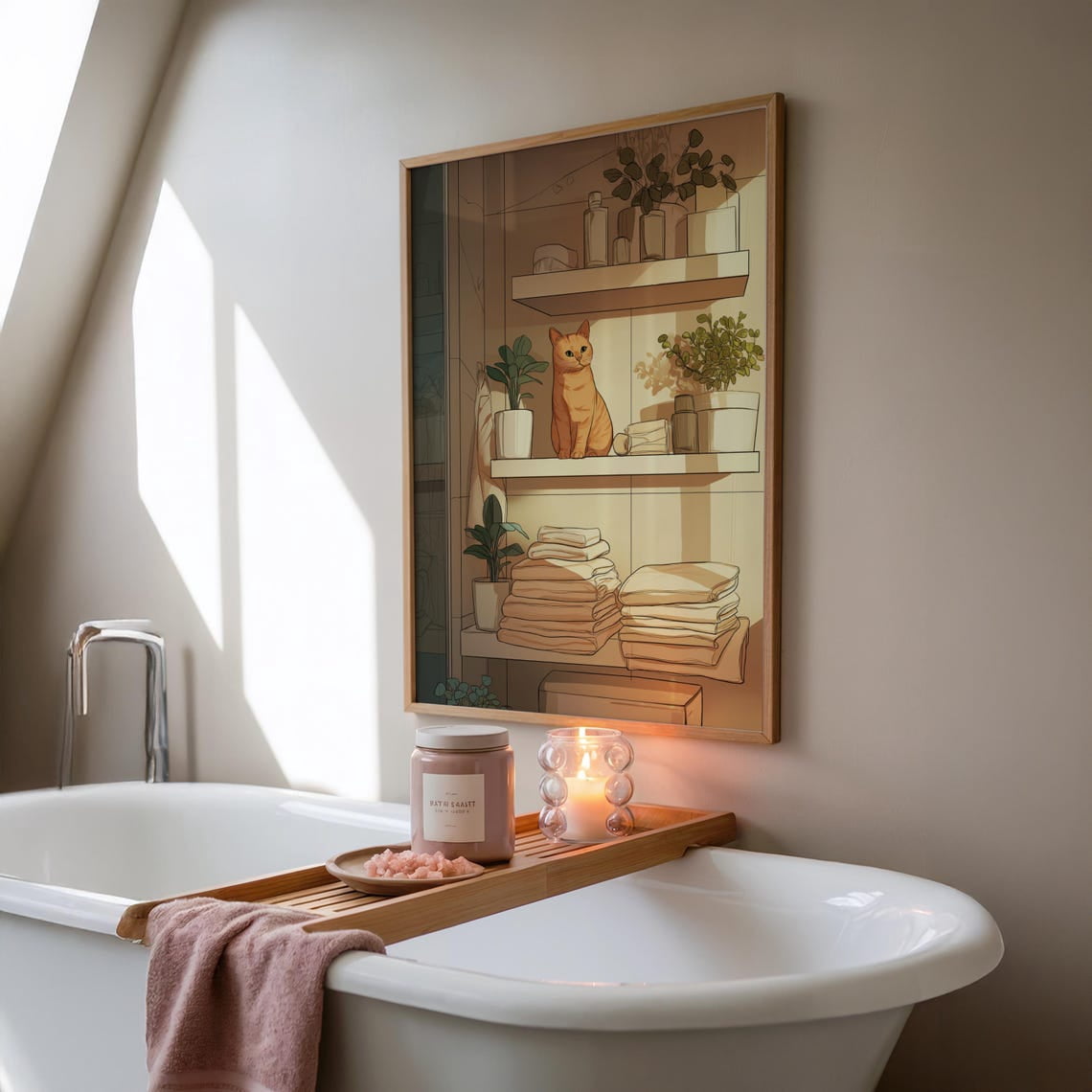 Bathroom Cat Art Ginger Cat Toilet Décor Shelf Cat Illustration Modern ...