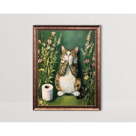 Bathroom Cat Bath Toilet Paper Art Green Powder Room Whimsical Art Fun ...